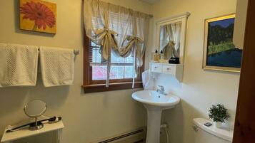 Casa de banho com sanita, lavatório e espelho. Tem uma janela com cortinas, um porta-toalhas e um quadro na parede.