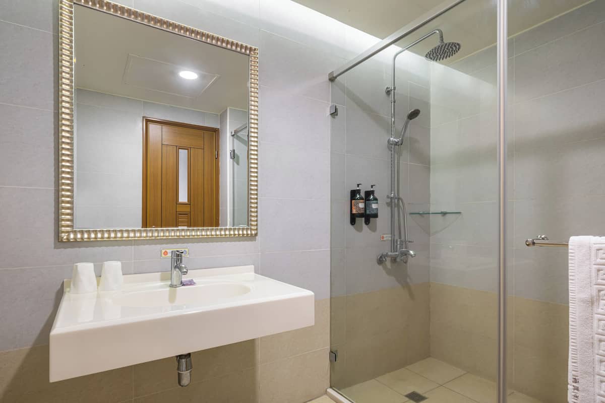 Quarto Duplo Elite, 1 cama king-size | Casa de banho | Um polibã, um chuveiro fixo, um secador de cabelo, chinelos