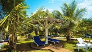 Um jardim tropical com palmeiras, um gazebo e cadeiras de descanso.