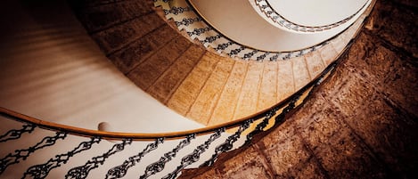 Escadaria em espiral com grades de metal decoradas e tapete estampado.