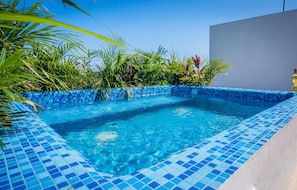 Piscina exterior, uma piscina no terraço, espreguiçadeiras 