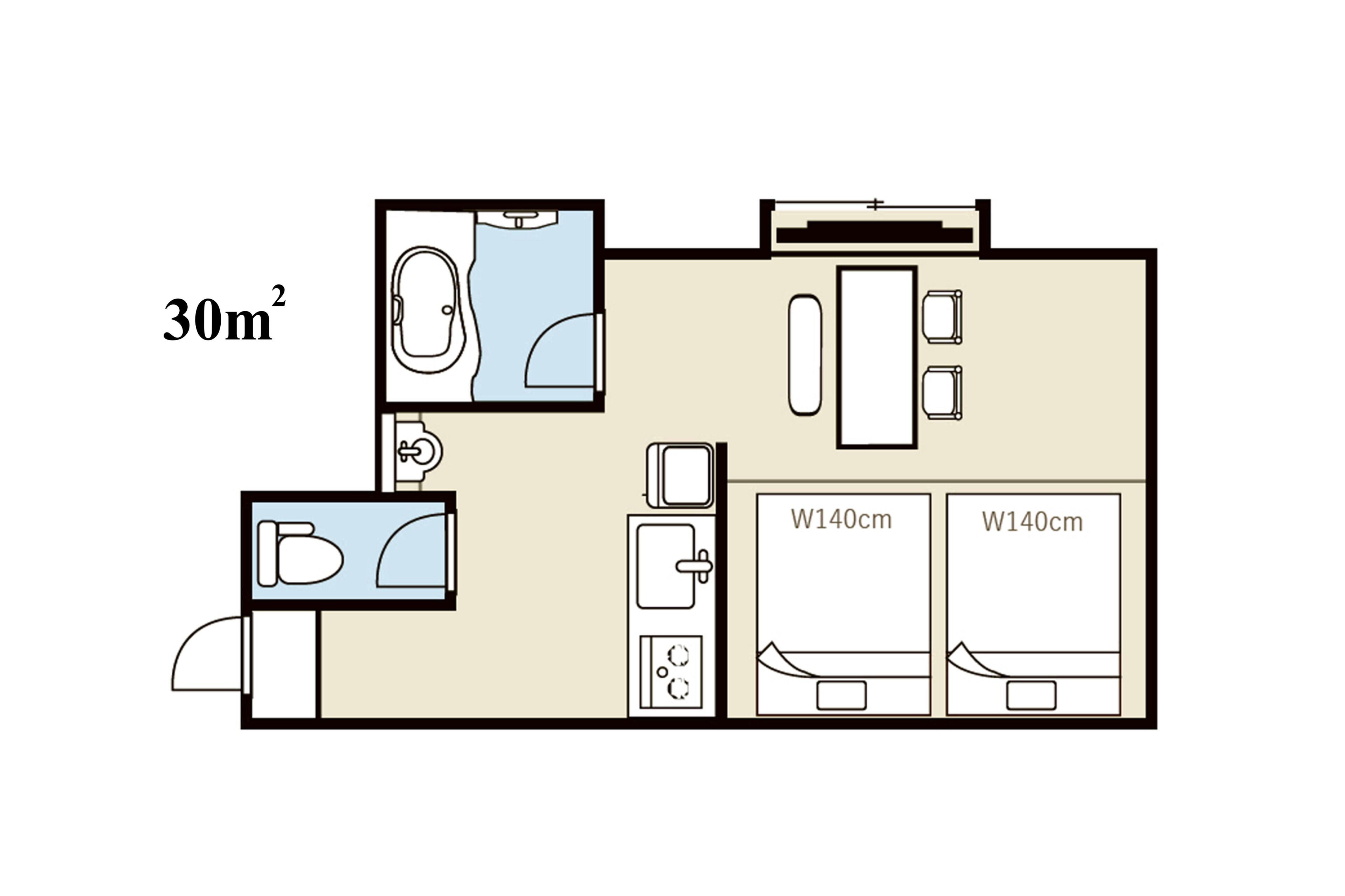 Quarto de 30m² com banheiro, cama, escrivaninha e cadeira.