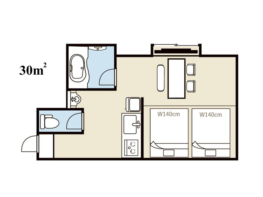 Quarto de 30m² com banheiro, cama, escrivaninha e cadeira.