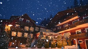 Área residencial coberta de neve, com casas e árvores.