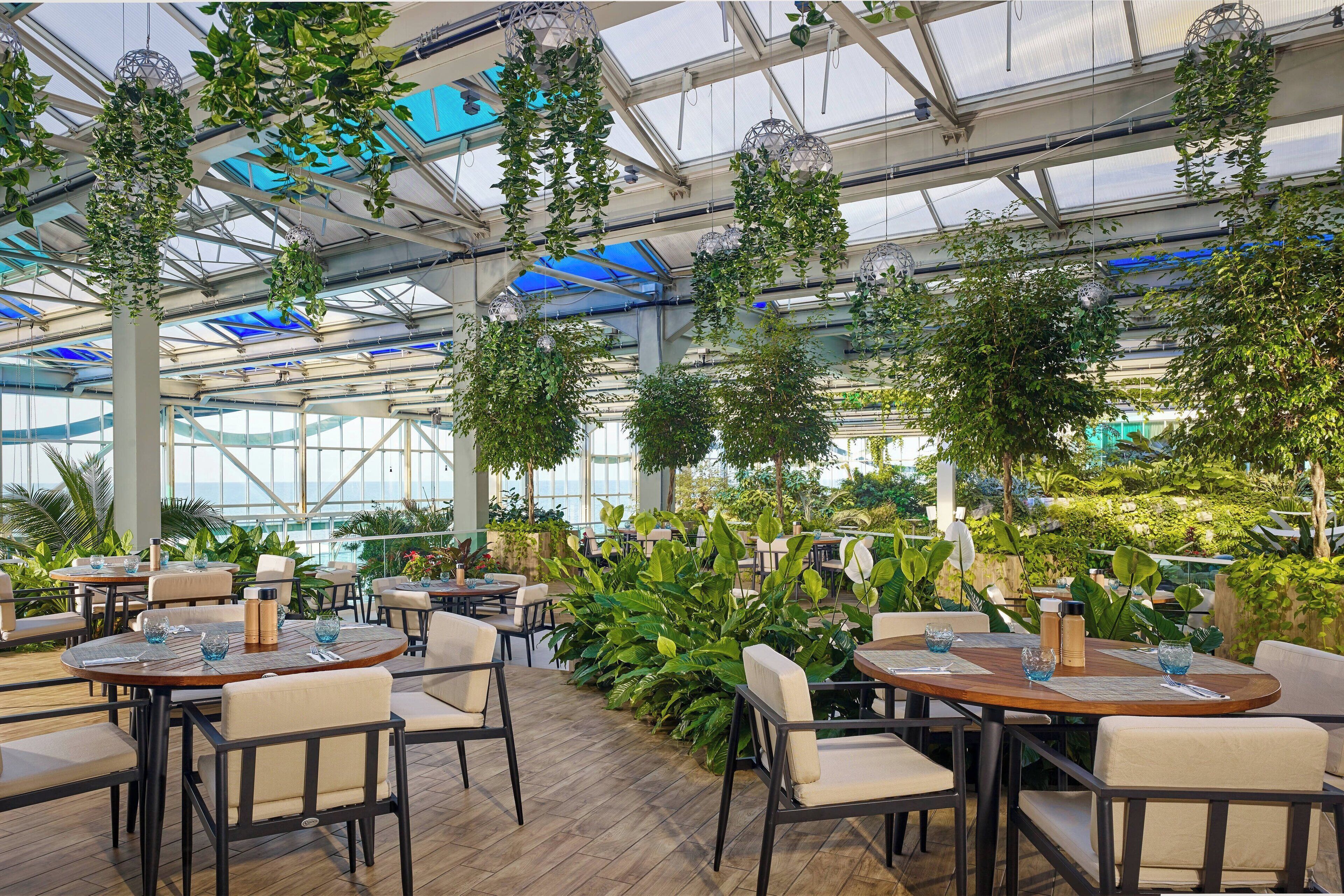 Um restaurante amplo e arejado, com pé direito alto, plantas pendentes e mesas redondas com cadeiras.