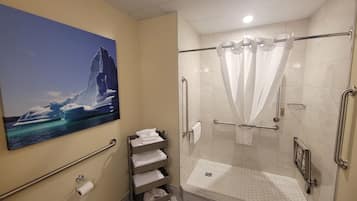 Uma casa de banho moderna com chuveiro em cabine de vidro, barra de apoio, porta-toalhas e um quadro de um iceberg.