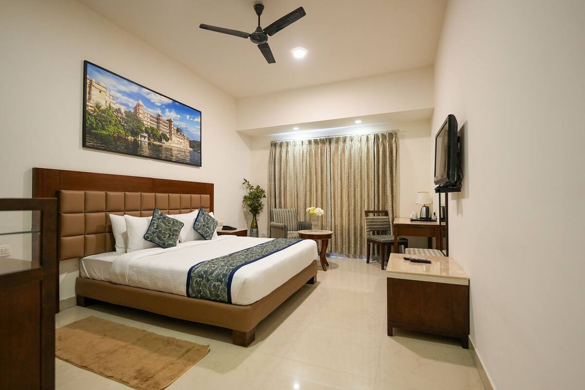 Quarto de hotel com uma cama, escrivaninha, cadeira, televisão, ventoinha no teto e um quadro na parede.