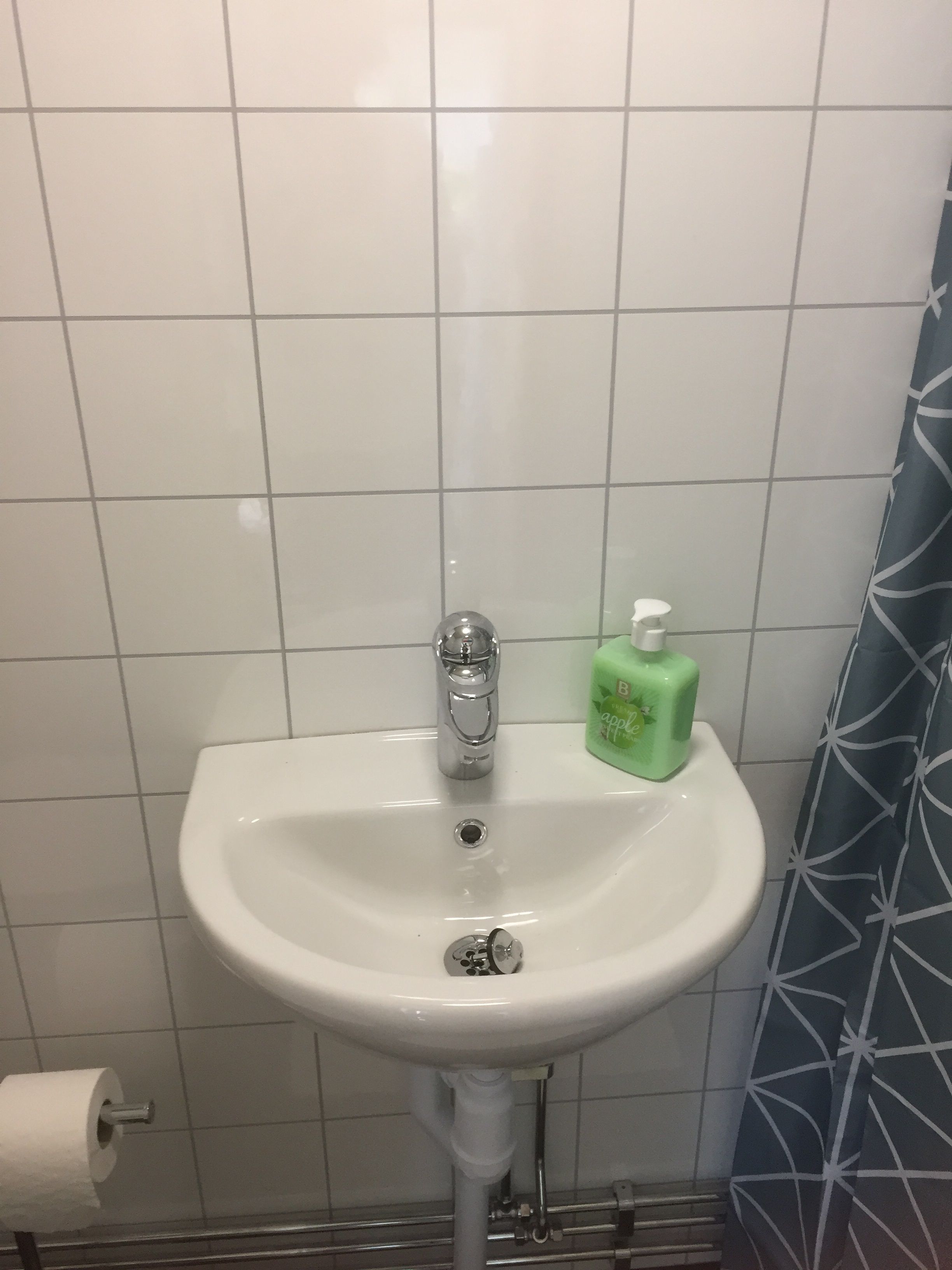 Casa de banho com lavatório branco, torneira cromada, dispensador de sabonete verde e suporte para rolo de papel higiénico.