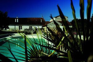 Uma casa com piscina, rodeada por vegetação.