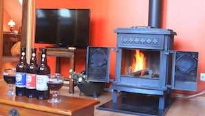 Um quarto com lareira a lenha, televisão e garrafas de cerveja sobre uma mesa.