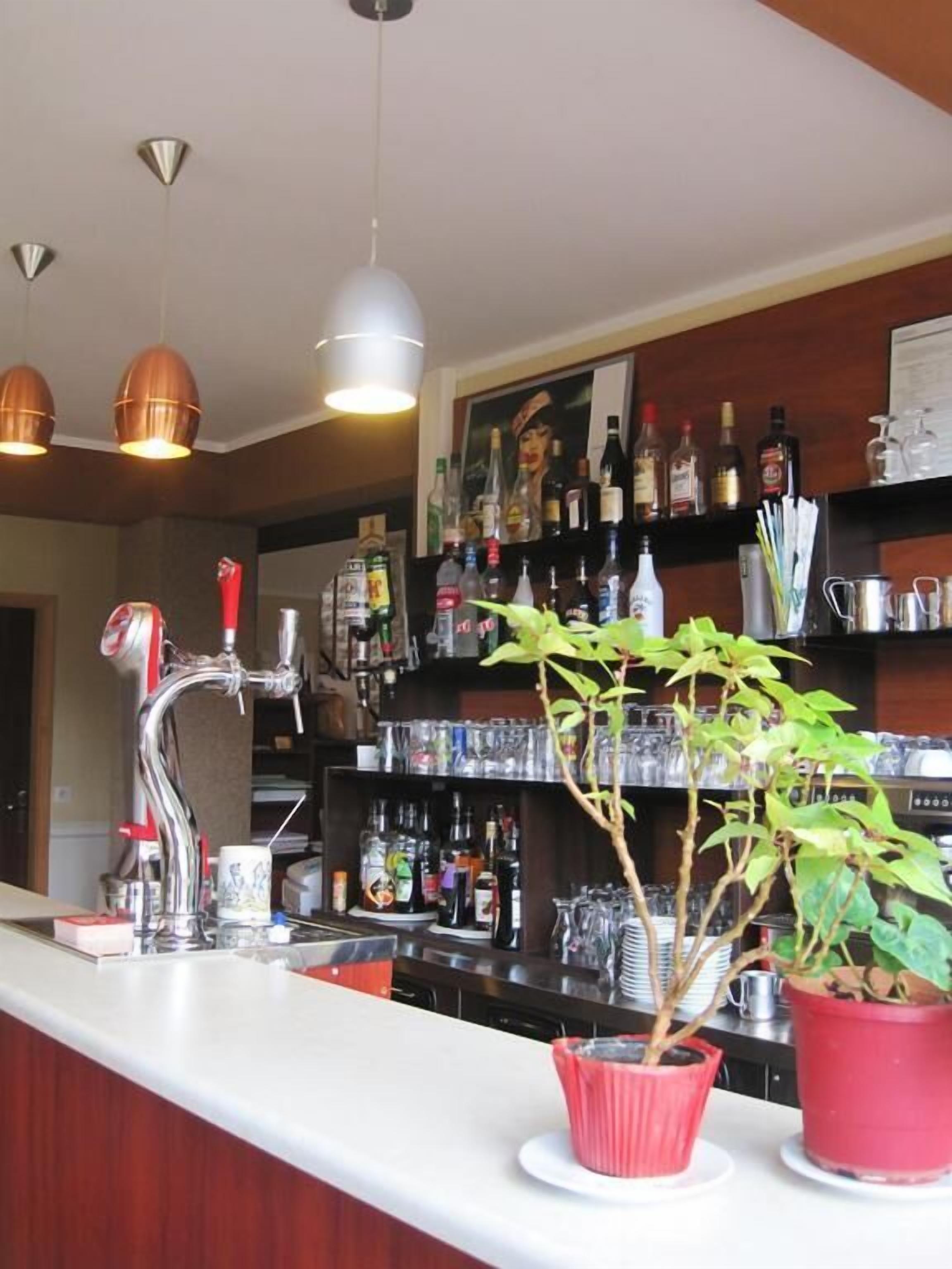 Uma área de bar com cuba de aço inoxidável, luminárias pendentes em cobre e prateleiras repletas de garrafas de bebidas e copos.