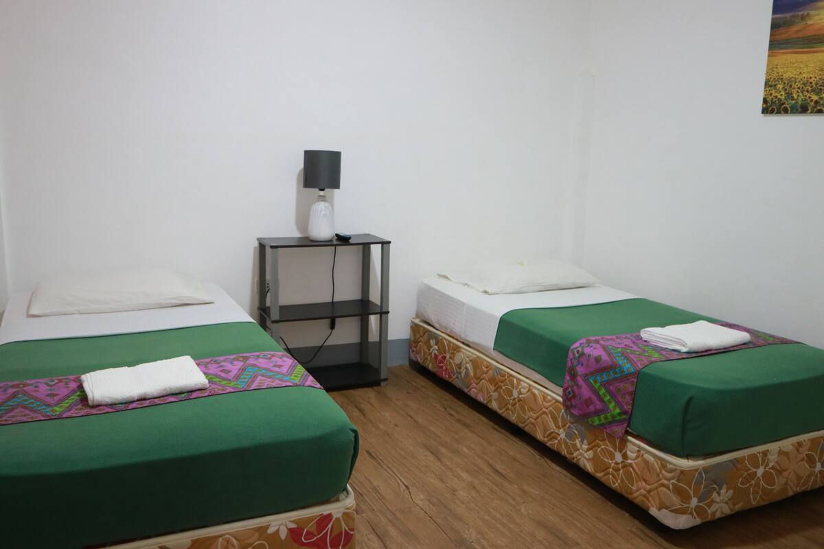 Quarto com duas camas de solteiro, cada uma com colcha verde e travesseiro branco. Há uma pequena mesa com abajur entre as camas, e um quadro na parede.