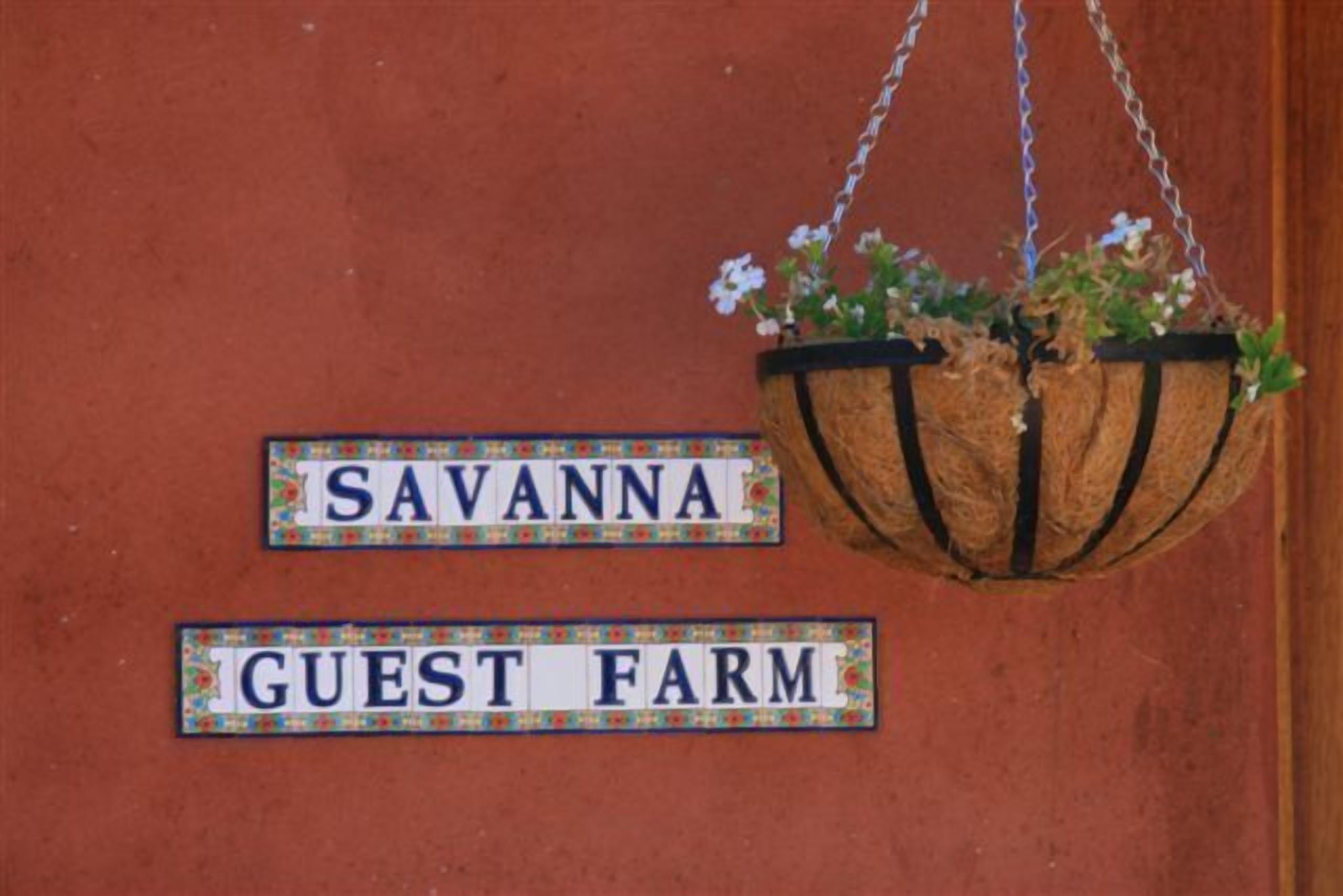 Placa com a inscrição 'SAVANNA GUEST FARM' e um vaso pendurado acima.