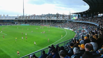 Um estádio com uma grande multidão, um campo de futebol e painéis publicitários.