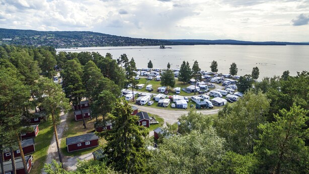 Um parque de campismo com veículos recreativos e cabanas, rodeado por árvores, perto de um lago com uma ponte ao longe.