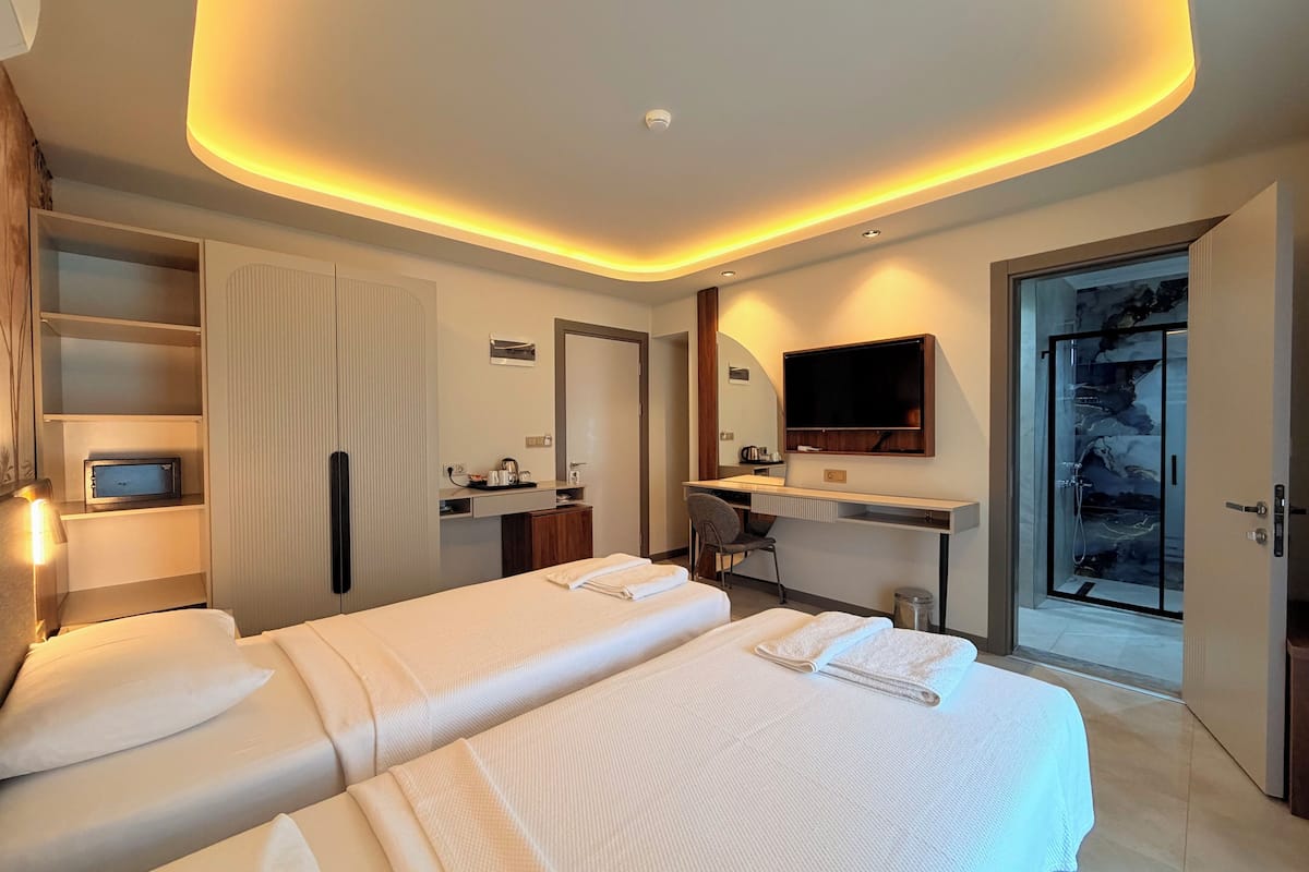 Quarto de hotel com duas camas, uma escrivaninha, chuveiro e televisão.