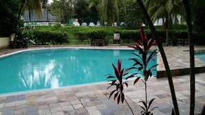 Piscina com deck revestido, rodeada por vegetação e palmeiras.