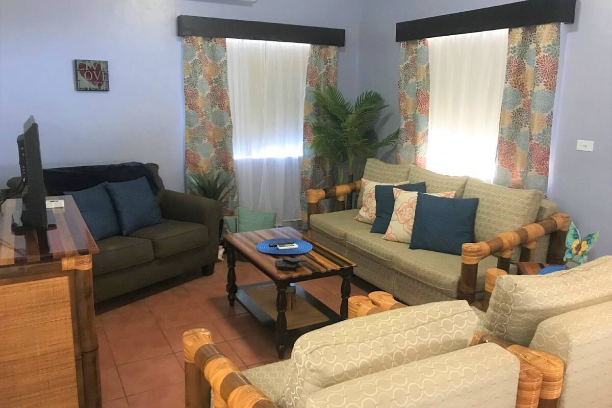 Sala de estar com dois sofás, uma mesa de centro e uma televisão. Há cortinas e uma planta.