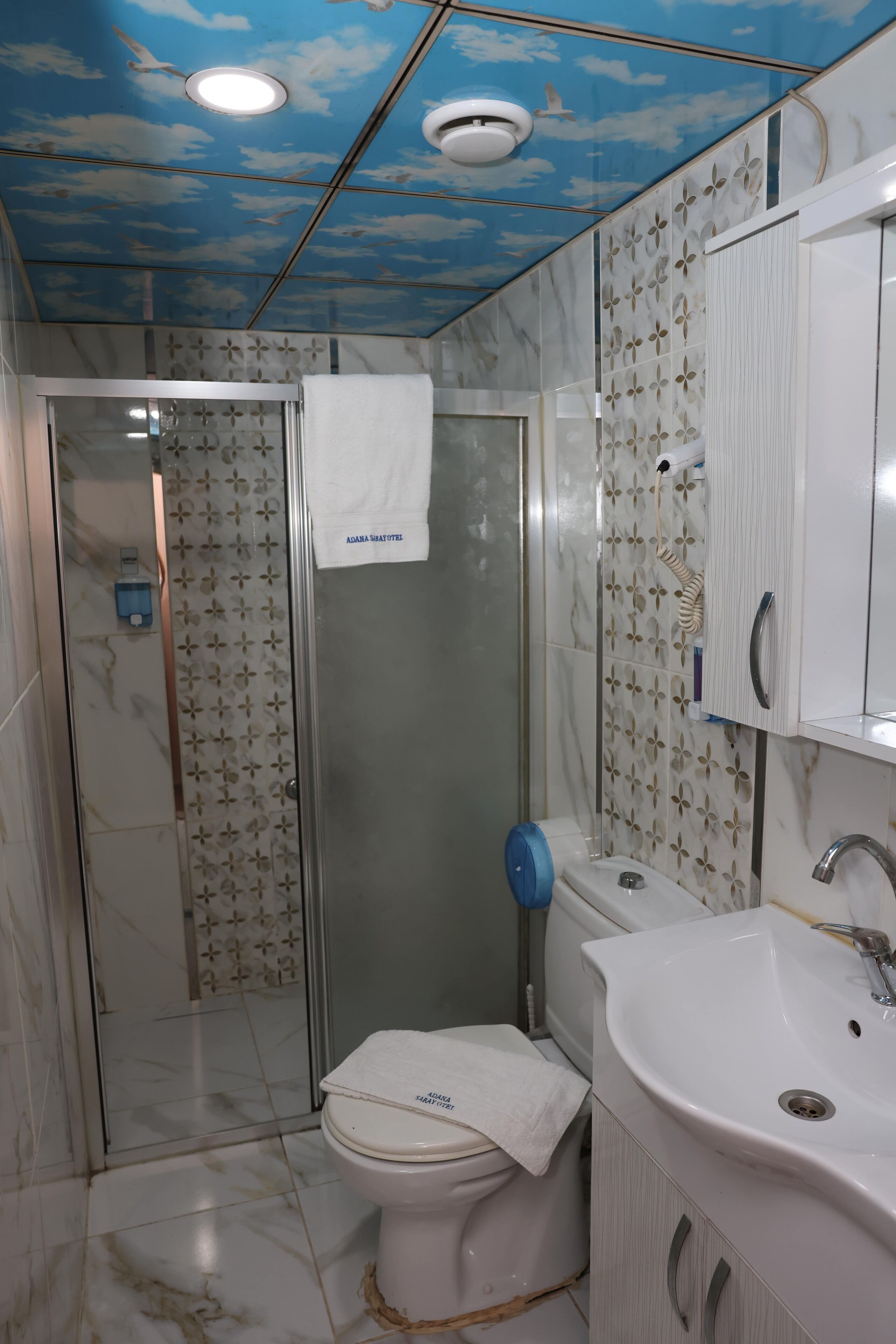 Casa de banho com chuveiro, sanita e lavatório.