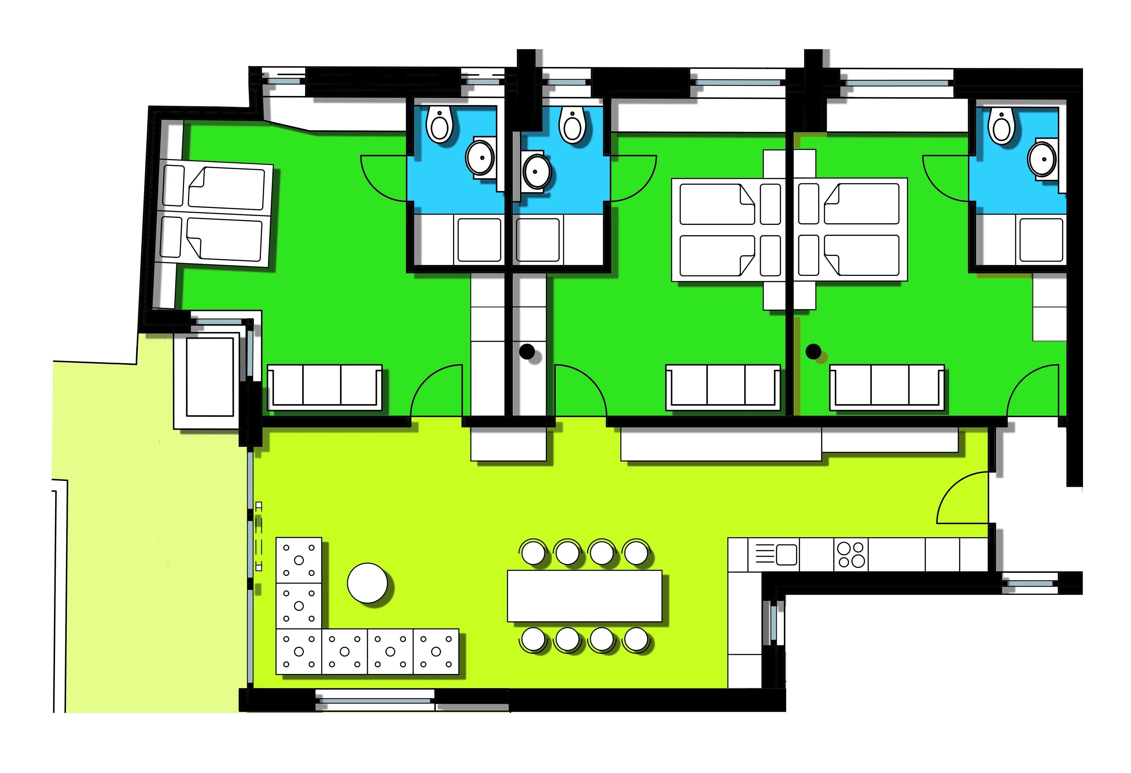 Planta baixa de um hotel, mostrando vários quartos, uma sala de jantar e uma cozinha.