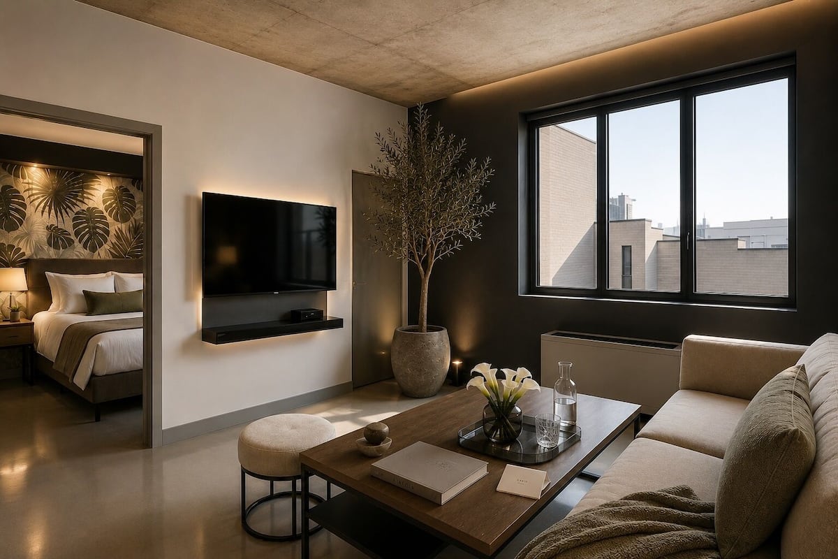 Uma sala de estar moderna com televisão de tela plana, mesa de centro, sofá e uma janela grande com vista para a cidade.