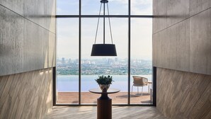 Um interior moderno com uma janela ampla, um abajur pendente, uma mesa redonda com uma planta e uma cadeira de vime.