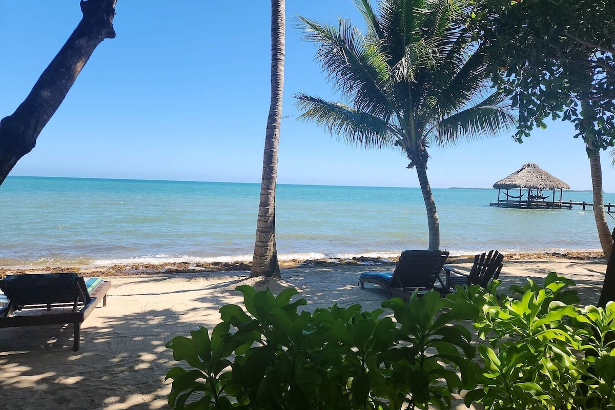 Uma praia com palmeiras, cadeiras de praia e um bangalô de palha sobre pilares na água.