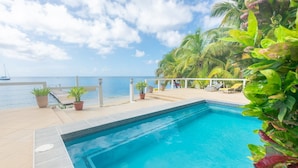 Piscina com vista para o oceano, rodeada por plantas em vasos e um deck de madeira.