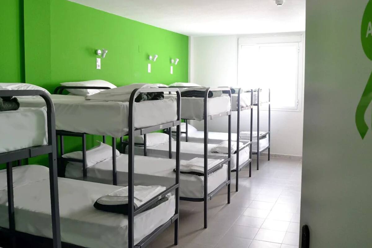 Um dormitório com beliches, paredes verdes e uma janela.