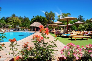 Área de piscina com espreguiçadeiras e guarda-sóis, cercada por vegetação e céu claro.