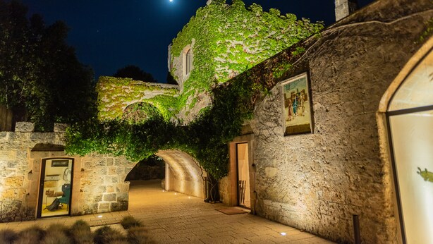Um edifício histórico com paredes cobertas de hera, um arco de pedra e um céu noturno iluminado pela lua.
