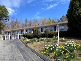 Um motel com estrutura em dois andares, estacionamento e um jardim com narcisos.