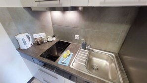 Apartamento | Kitchenette privada | Um frigorífico, um micro-ondas, uma placa de cozinha