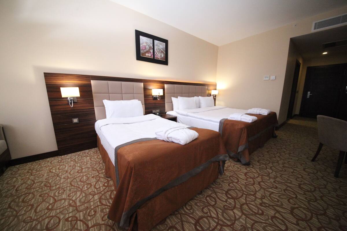 Quarto de hotel com duas camas, cabeceira com painel de luz, carpete estampado e quadro na parede.