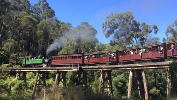 Um trem a vapor sobre uma ponte de madeira, com passageiros.