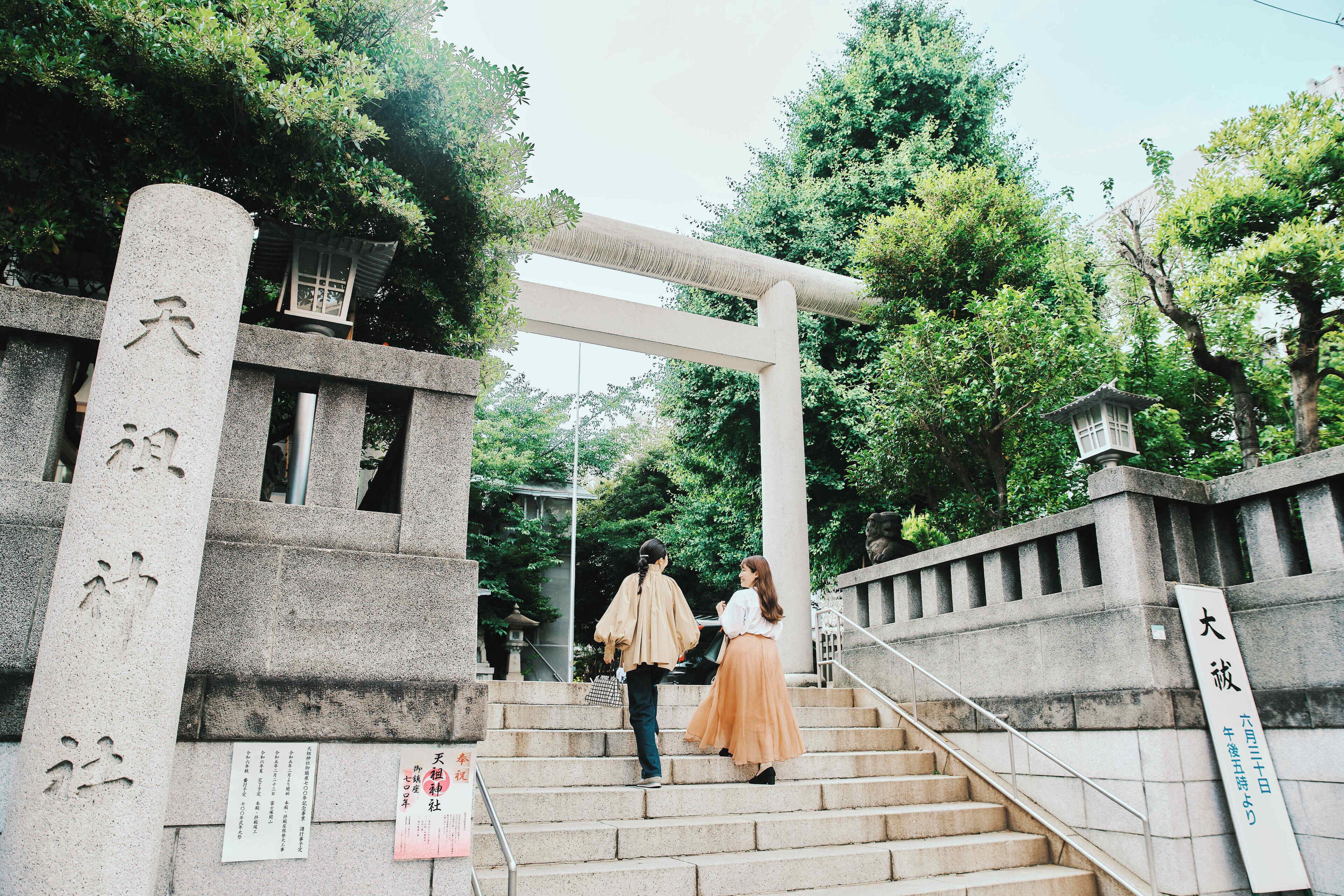 Escadaria de pedra que leva a um tradicional portão torii japonês, cercado por vegetação exuberante.