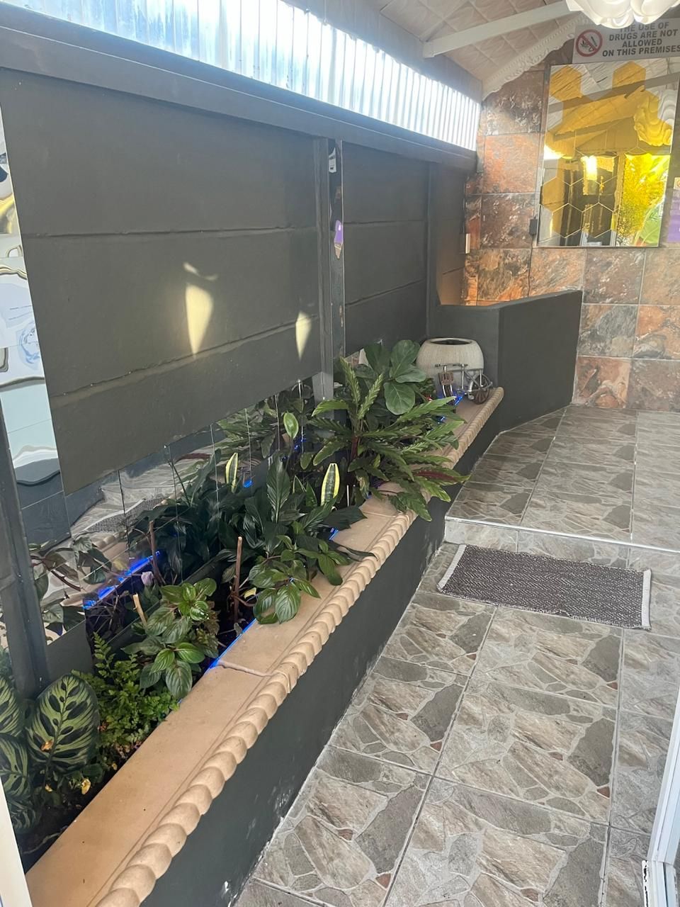 Uma área de recepção com um arranjo de plantas, piso ladrilhado e um aviso proibindo o uso de drogas.