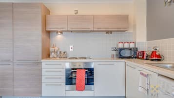 Um frigorífico/congelador grande, um micro-ondas, um forno