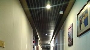 Um corredor com carpete vermelho, paredes brancas e teto com luminárias lineares.