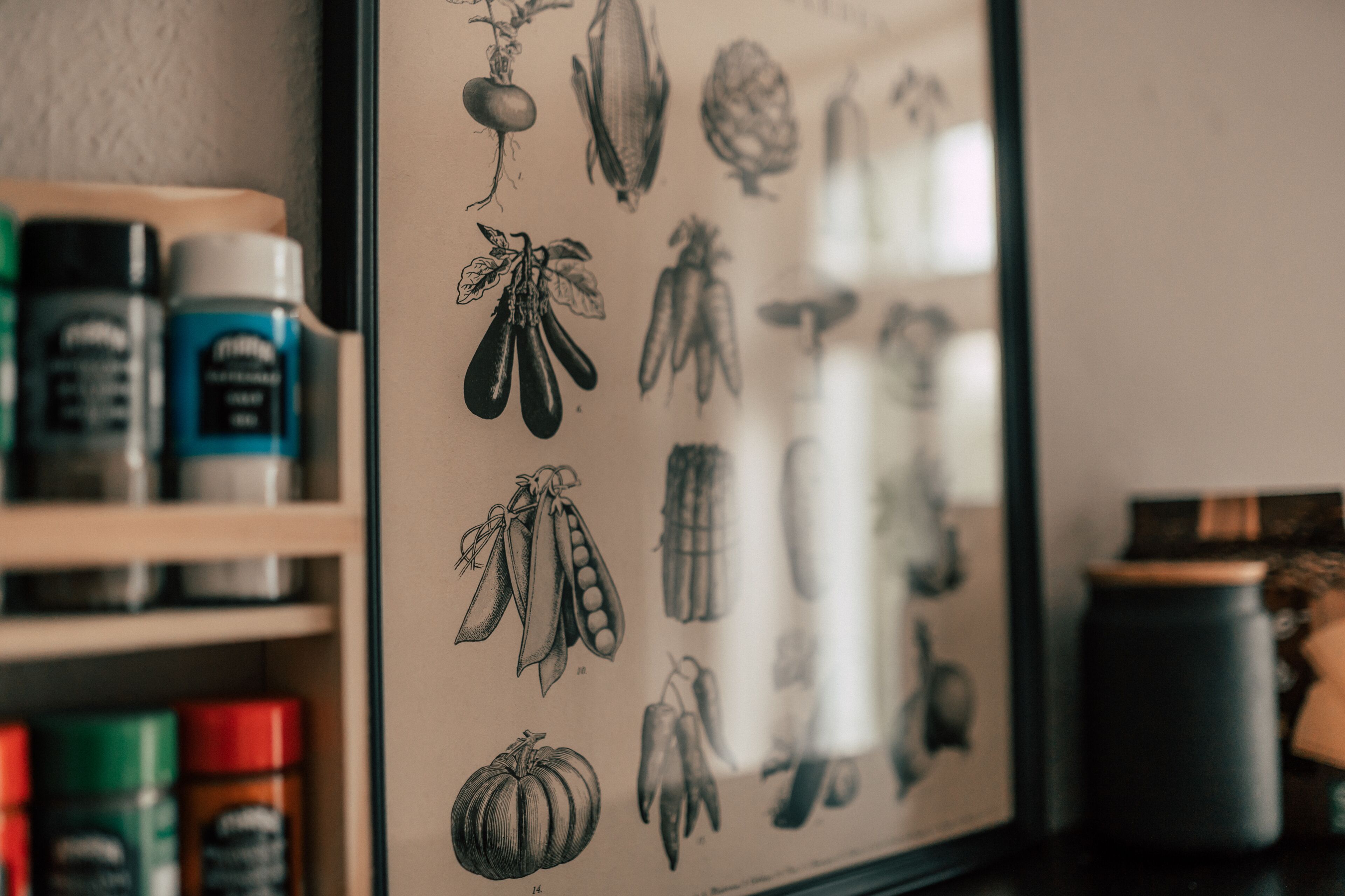 Ilustração botânica emoldurada com diversos vegetais e plantas na parede.