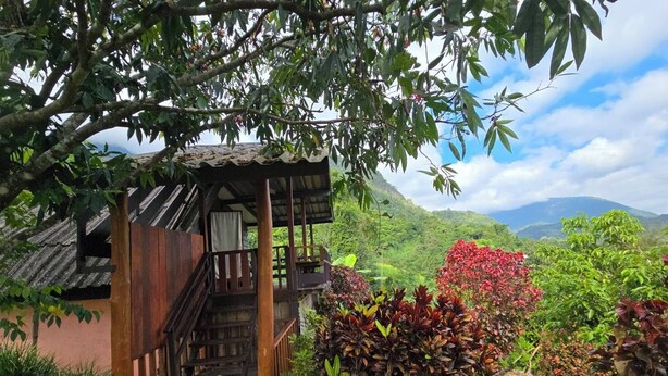 Uma casa de madeira com varanda e vista para uma paisagem verde exuberante.