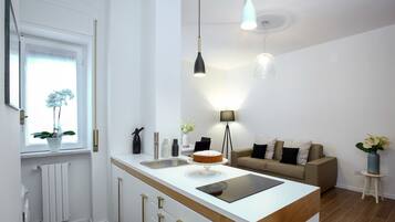 Apartamento, 1 quarto (Golden A) | Kitchenette privada | Um frigorífico, uma cafeteira/bule