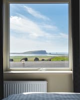 Quarto com uma grande janela com vista para a paisagem costeira, incluindo uma área gramada e um afloramento rochoso.