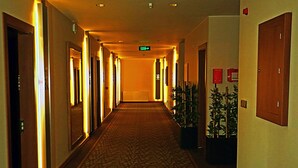 Corredor de hotel com várias portas, piso coberto por carpete e plantas em vasos.