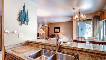 Apartamento em Condomínio Fechado, 1 quarto | Cozinha privada | Um frigorífico/congelador grande, um micro-ondas, um forno