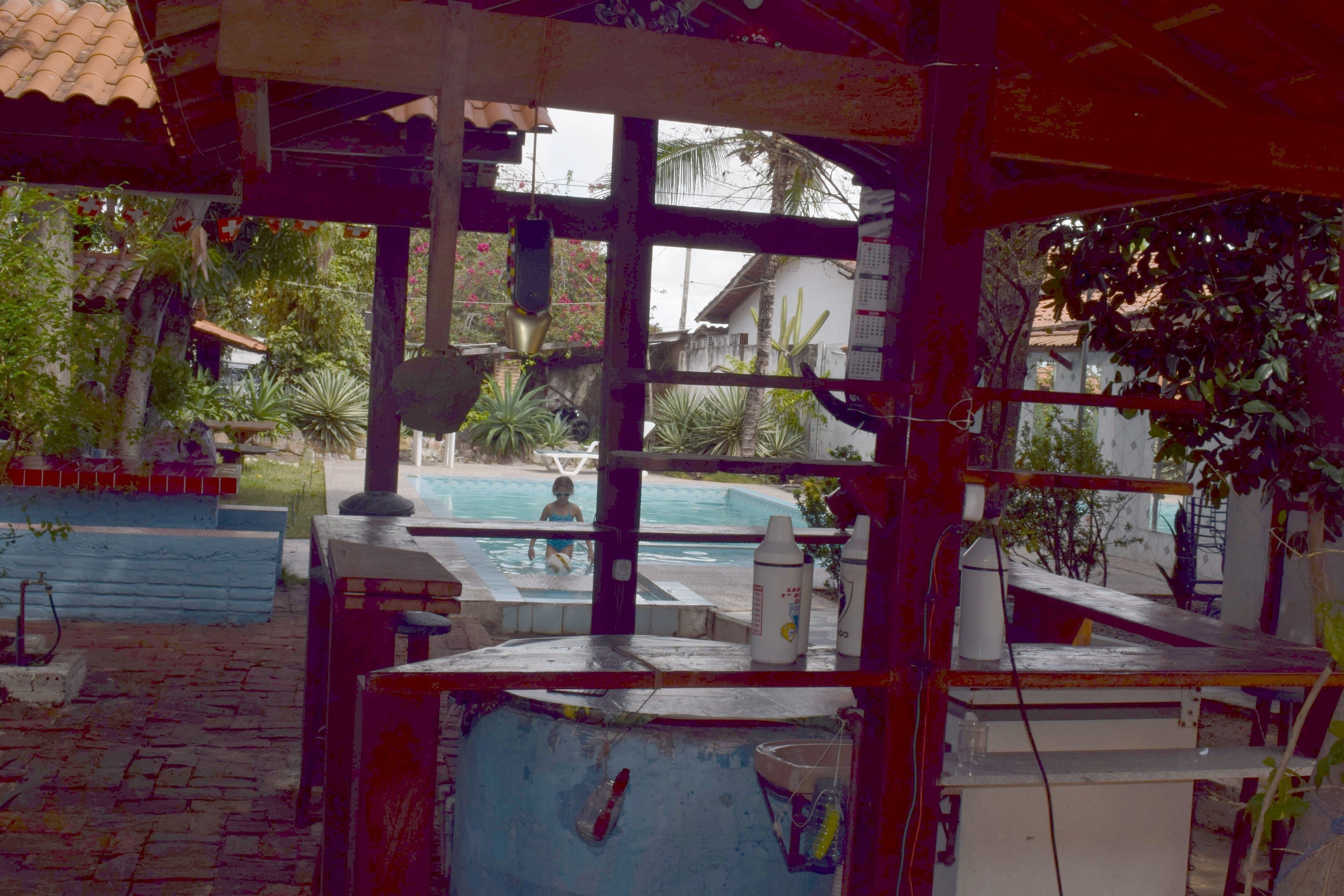 Área de piscina com vista para uma criança brincando, cercada por plantas e um muro de tijolos.