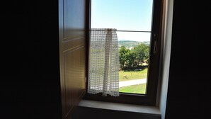 Janela com vista para uma área gramada e árvores.