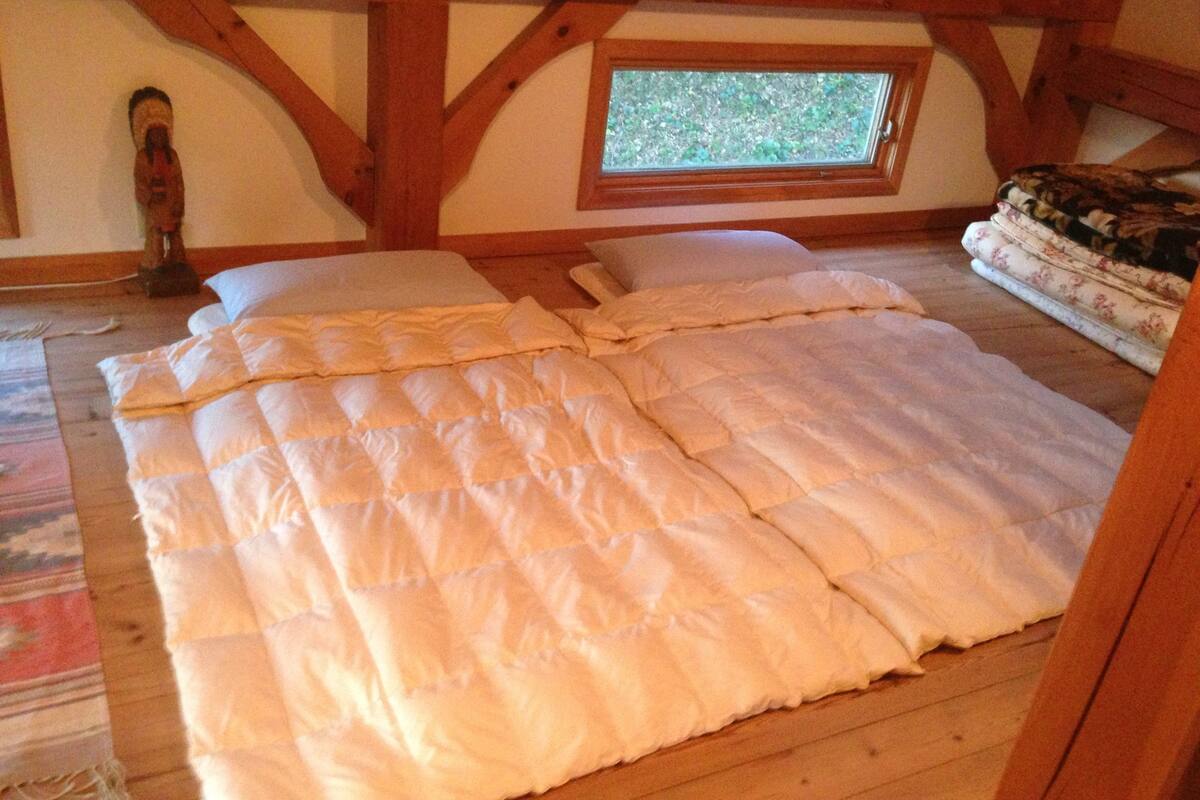 Quarto com cama grande, vigas de madeira, janela e piso de madeira.