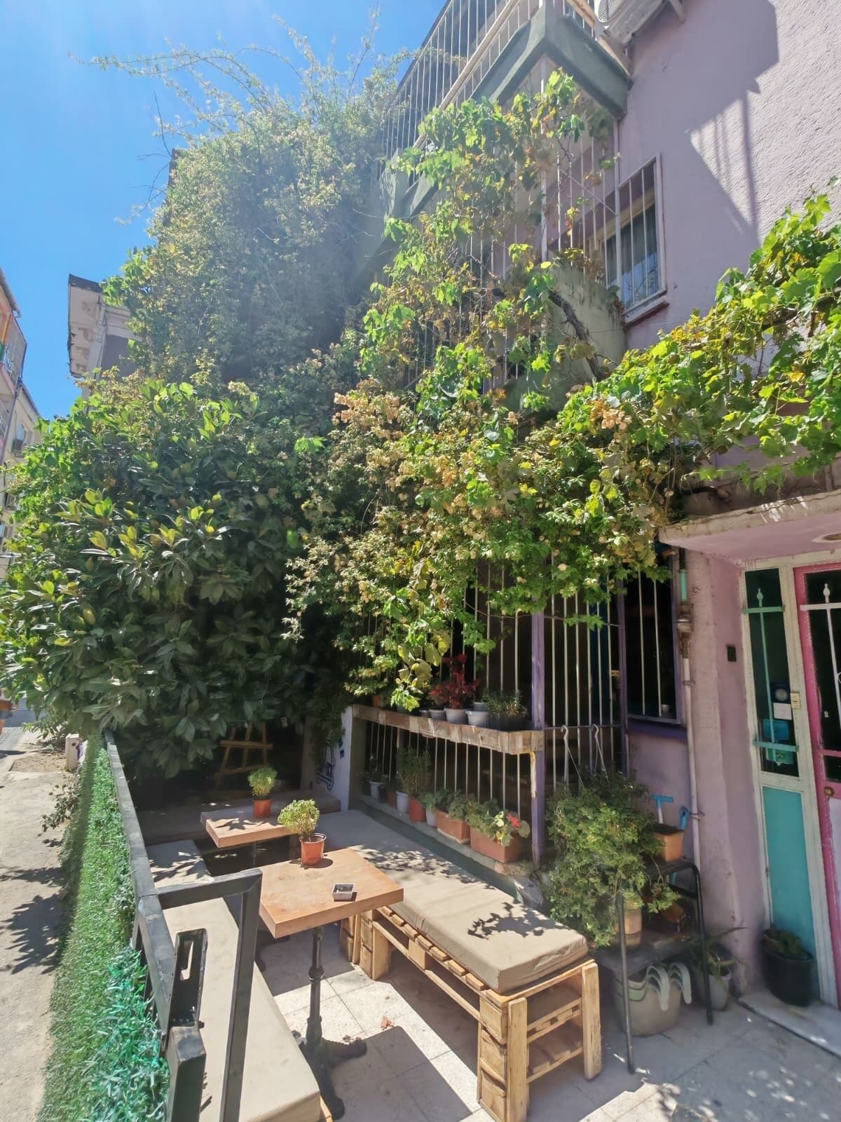 Um pátio com um banco e mesa de madeira, rodeado por plantas em vasos e um edifício com varanda.