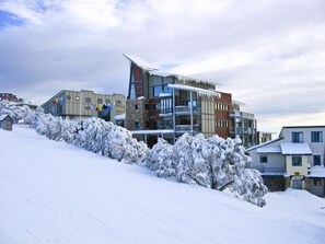 Um edifício moderno com vários andares e um telhado inclinado, rodeado por árvores cobertas de neve e uma paisagem nevada.